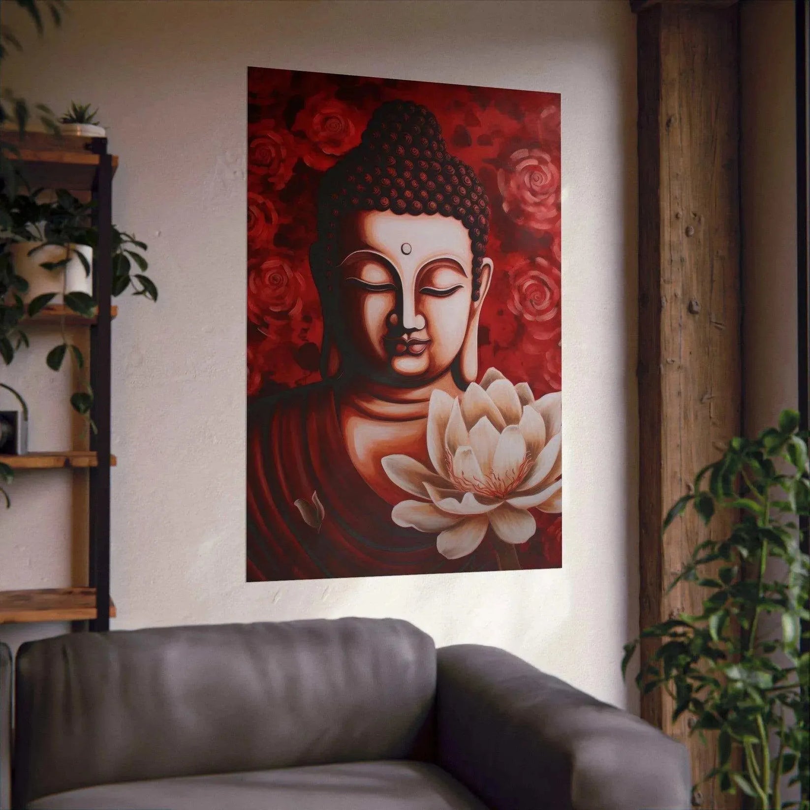 Buddha Poster for Wall - Serene RED Buddha with Lotus – Zenartbliss