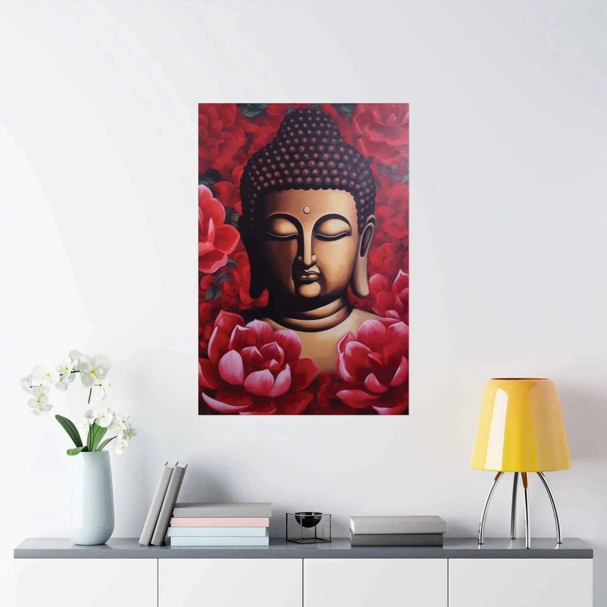 Buddha Zen Art - Captivating Red Buddha with Lotus Poster – Zenartbliss